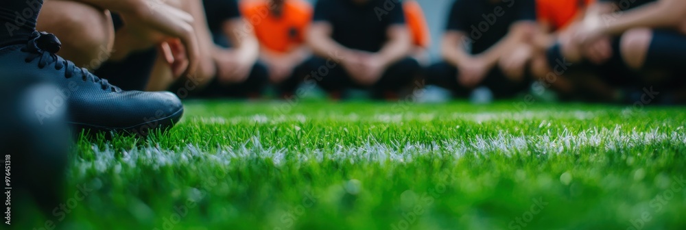 A football team huddles together on a green field, focusing on strategy ...