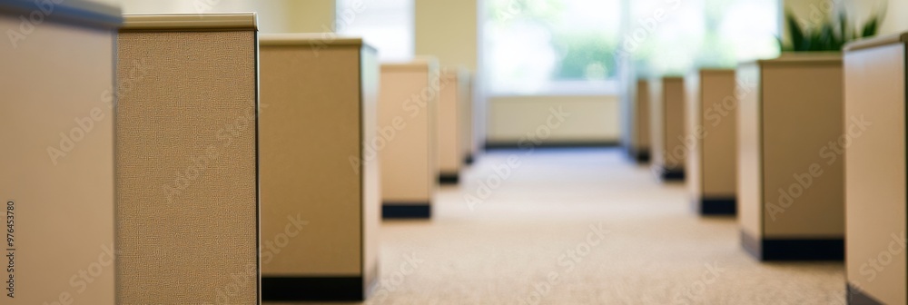 A corridor in an office setting, flanked by cubicle walls, with ample ...