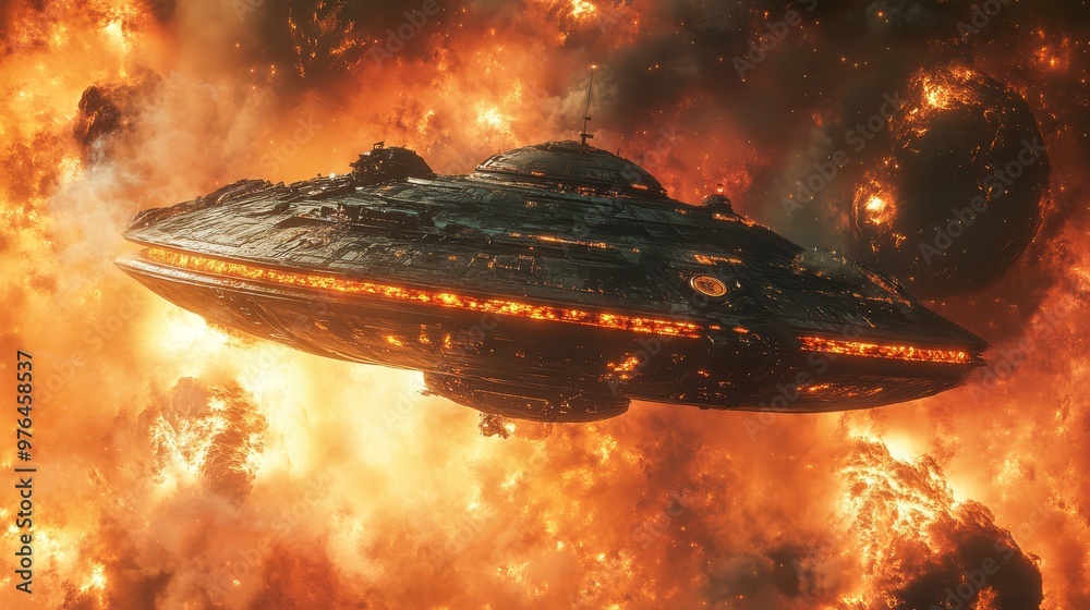 A futuristic spaceship navigates through a fiery explosion in outer ...