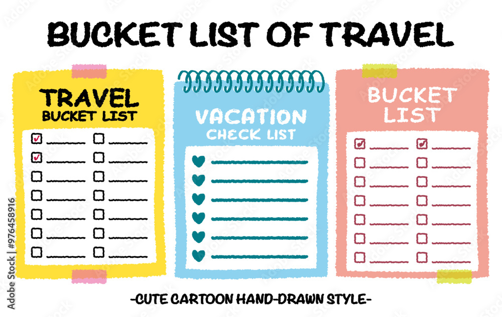 Vetor de Hand drawn style travel bucket lists set. Colorful crayon ...