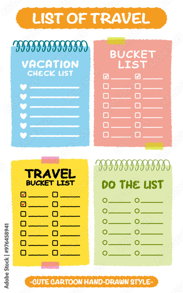Hand drawn style travel bucket lists set. Colorful crayon drawing ...