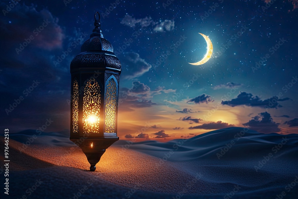 Ramadan Kareem - Arabic Lantern At Night In desert With Crescent Moon ...