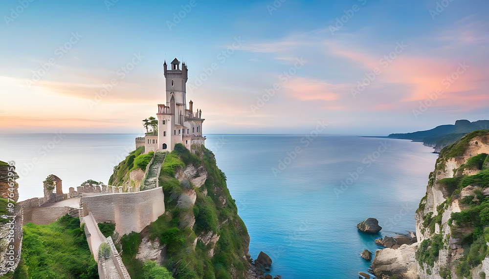 Ancient castle on the cliff-top overlooking the vast ocean, a showcase ...
