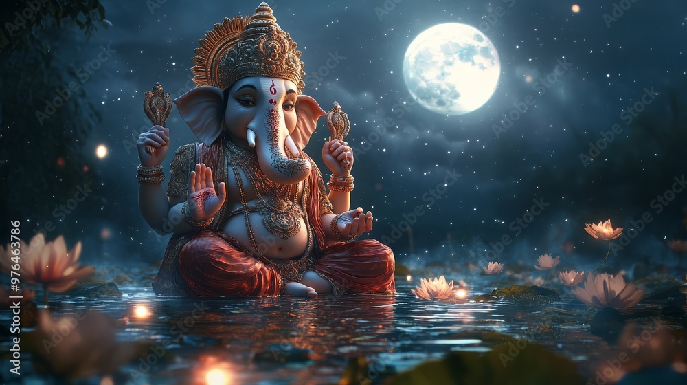 Artistic depiction of Lord Ganesha meditating in a serene night scene ...