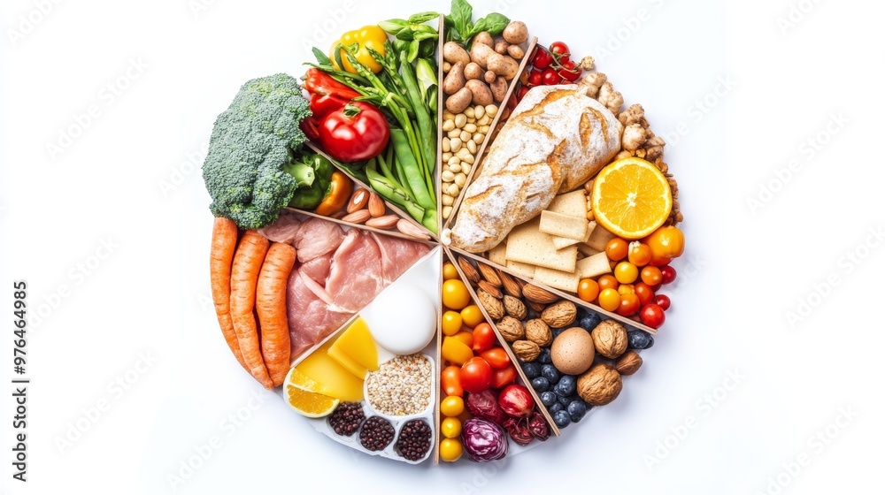 Healthy food pie chart isolated on white background. Food sources of ...