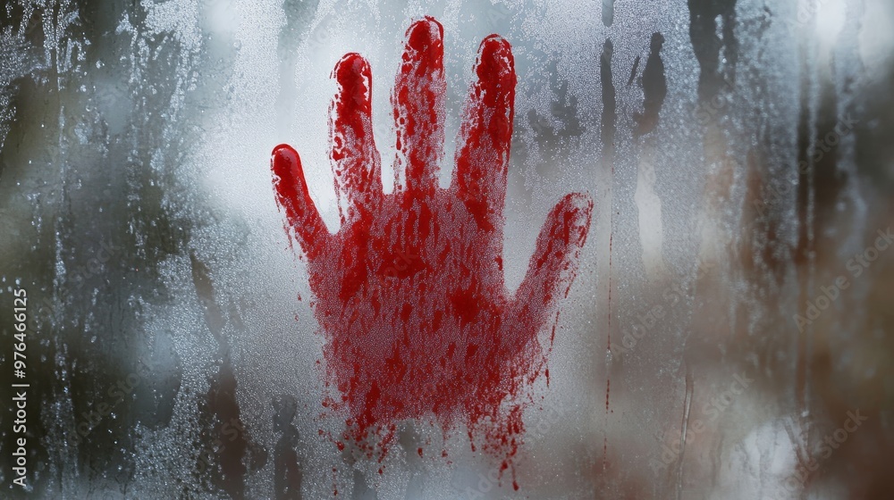 Blood smeared bloody handprint on frosted glass window or shower screen ...