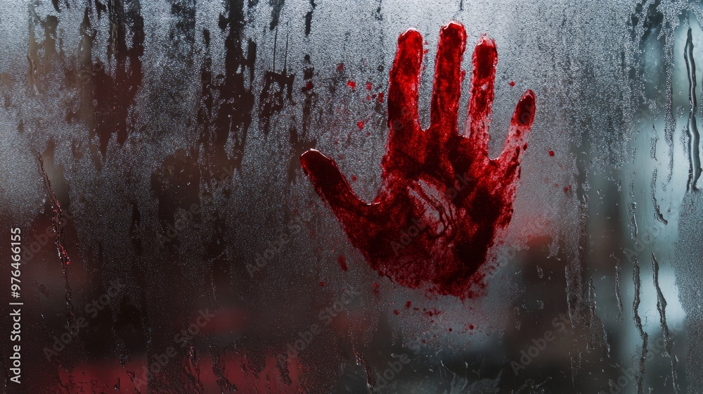 Blood smeared bloody handprint on frosted glass window or shower screen ...