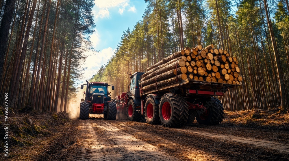 Forwarder tractor for wood transport. Tractor with trailer loaded with ...