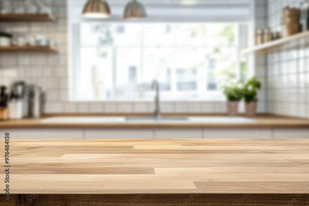 kitchen table background, wood counter top on blur of white clean ...