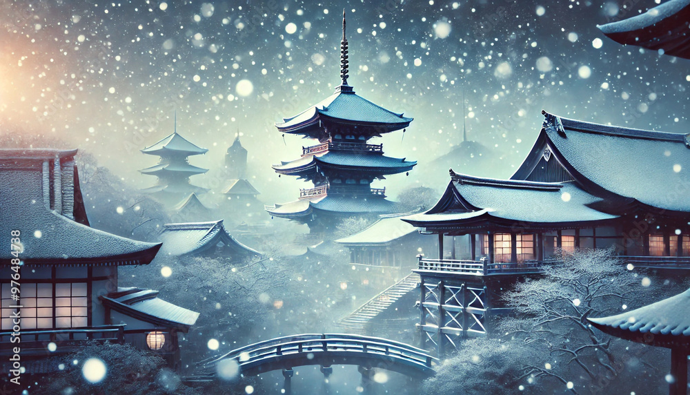 Snow-dusted pagodas piercing the frosted sky: This evokes a classic ...