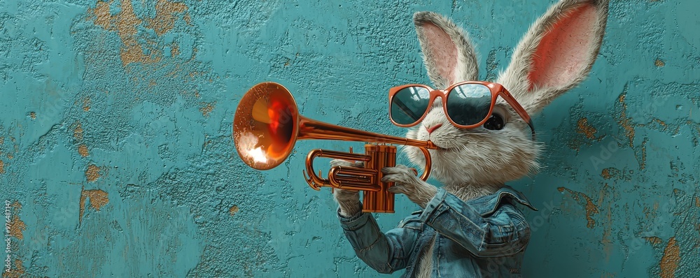 Lively rabbit wearing trendy sunglasses, playing an orange trumpet with ...