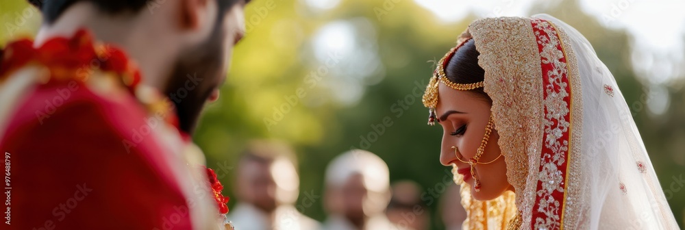 A traditional wedding ceremony where the bride and groom, adorned in ...