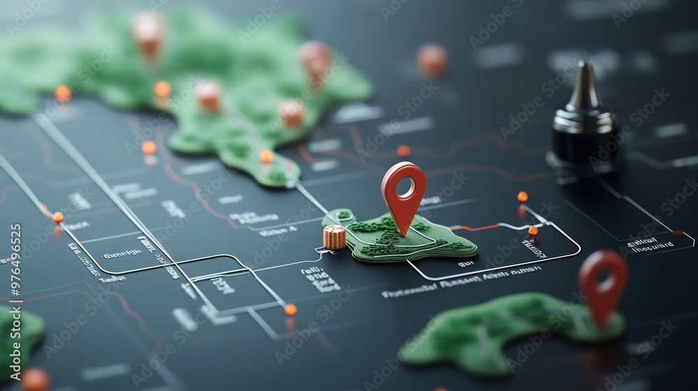 A detailed map featuring green terrain, pins, and roads, ideal for ...