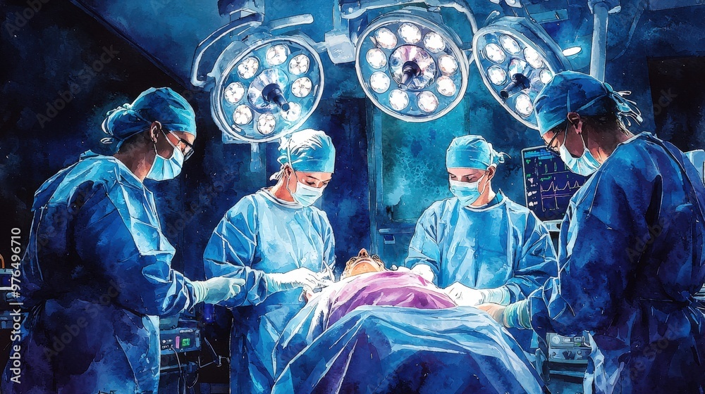 A dramatic scene in an operating room where a surgical team in blue ...