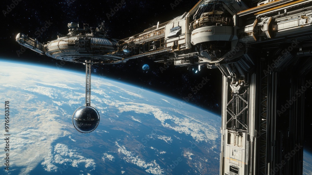 A detailed shot of a space elevator connecting Earth to a space station ...