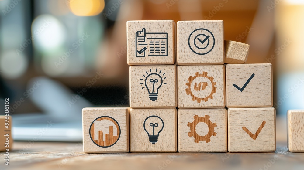 Stacked wooden blocks with various business-related icons, including ...