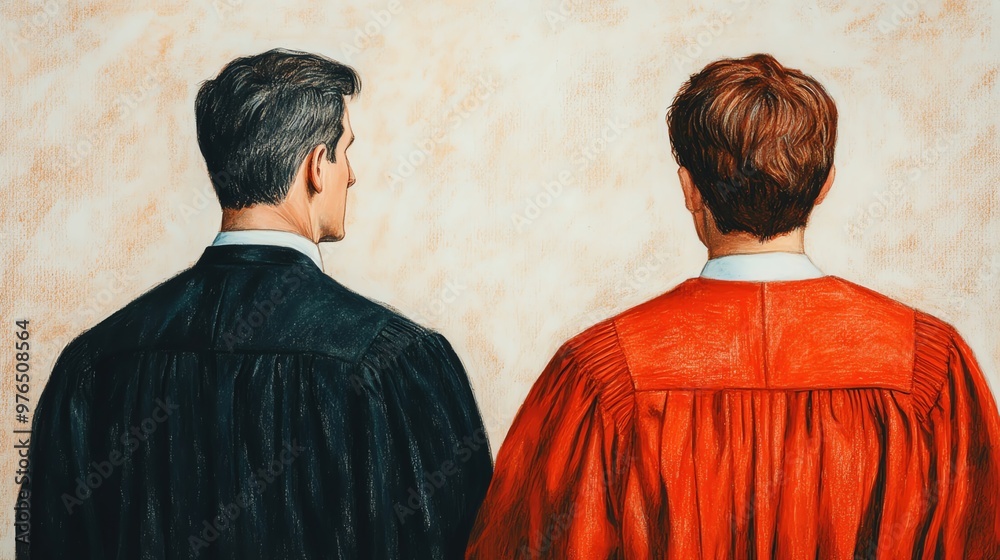 Pastel brightly colored drawing of a compassionate judge speaking ...