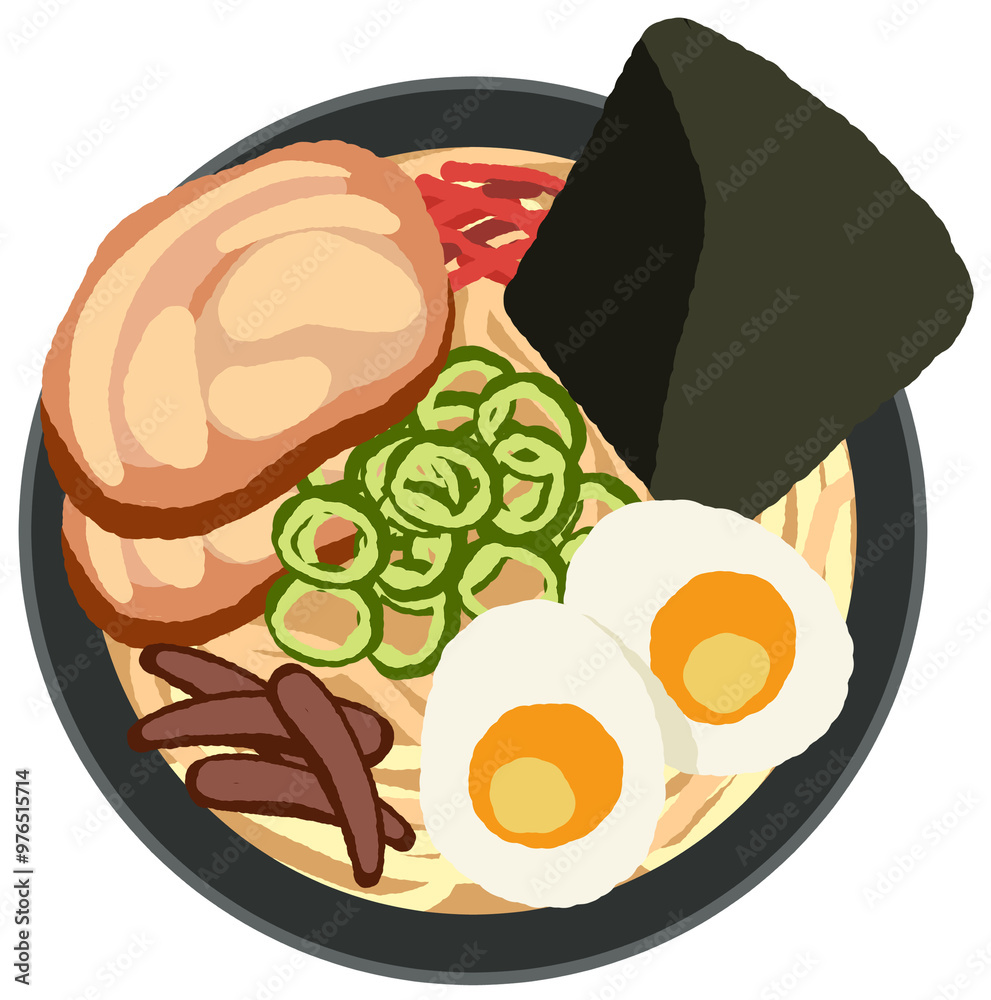 Ramen noodles toppings with meat, boiled egg, shrimp tempura, egg ...