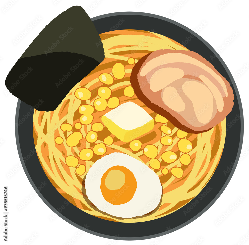 Ramen noodles toppings with meat, boiled egg, shrimp tempura, egg ...