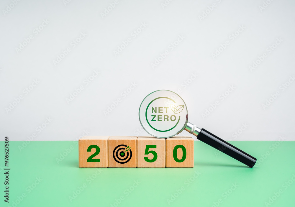 2050 calendar year numbers with target icon on wooden cube blocks with ...