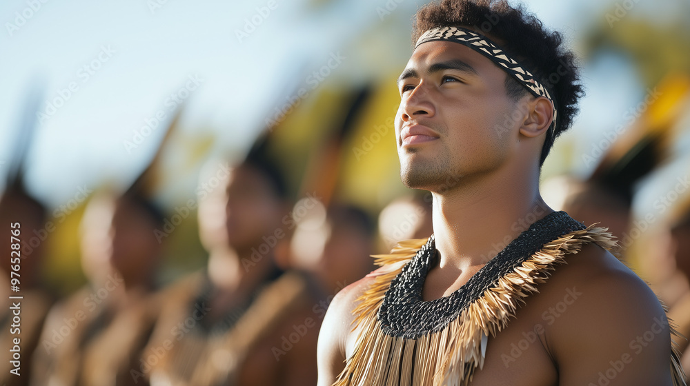 Young Polynesian man in traditional attire stands proud, surrounded by ...