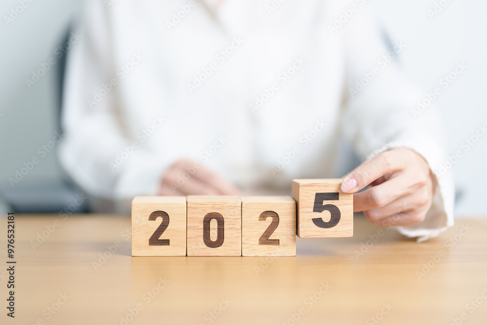 2025 year calendar block on table. goal, Resolution, strategy, plan ...
