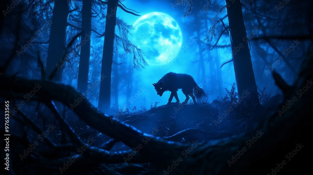 A werewolf stalks through the moonlit forest, its eyes glowing with ...