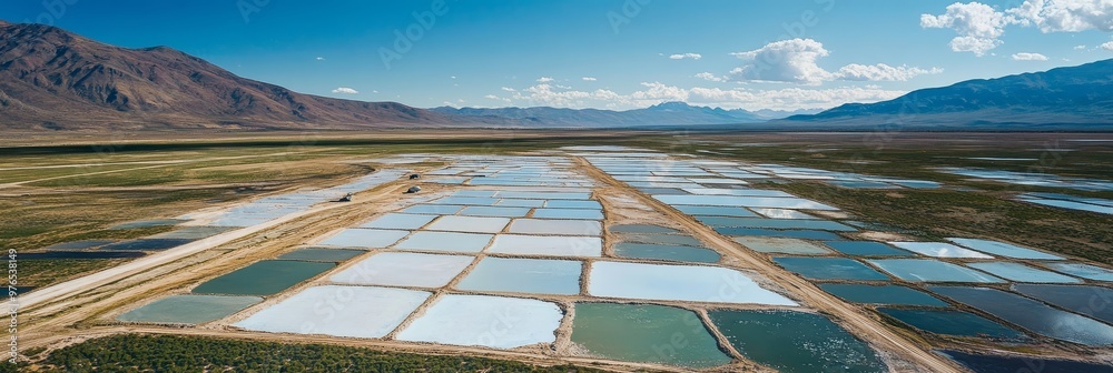 Aerial view of lithium evaporation ponds in the arid landscape of ...