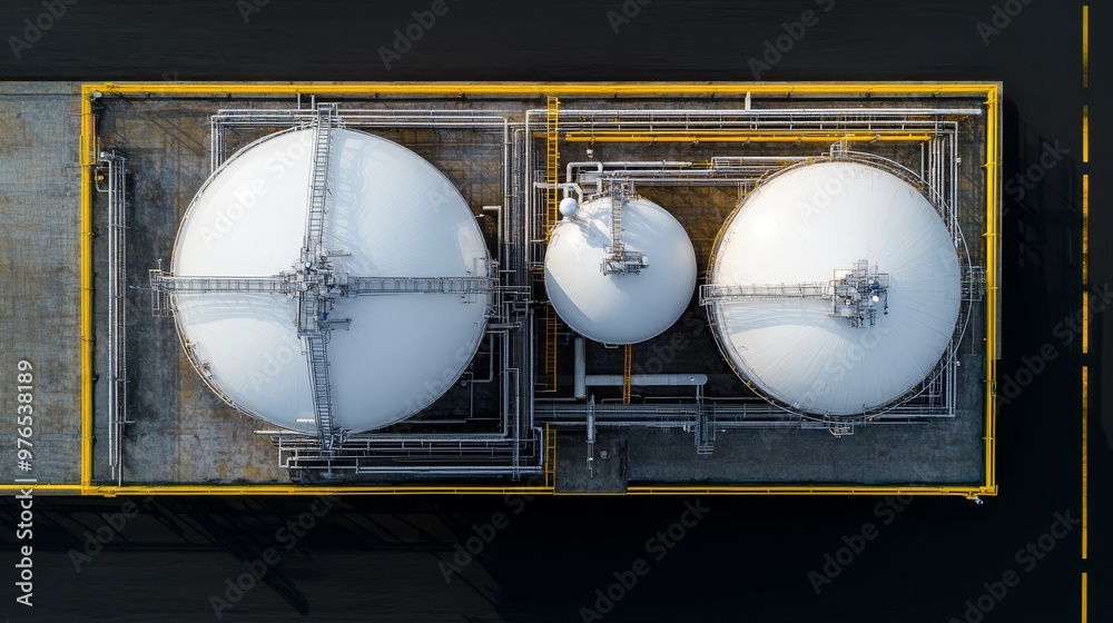 Aerial view of three large industrial gas storage tanks, showcasing the ...