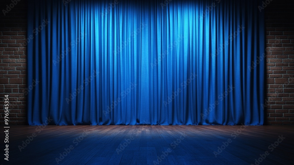 Blue stage curtain backdrop with brick wall, perfect for presentations ...