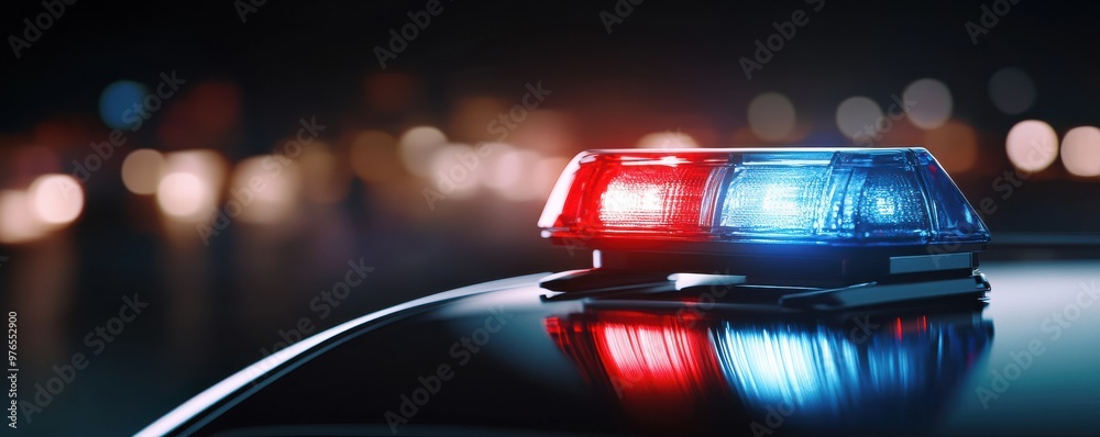 Close-up of a police car light bar with flashing red and blue lights at ...