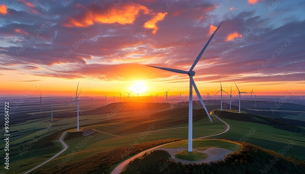 Stunning sunset illuminating a sprawling wind farm with towering ...