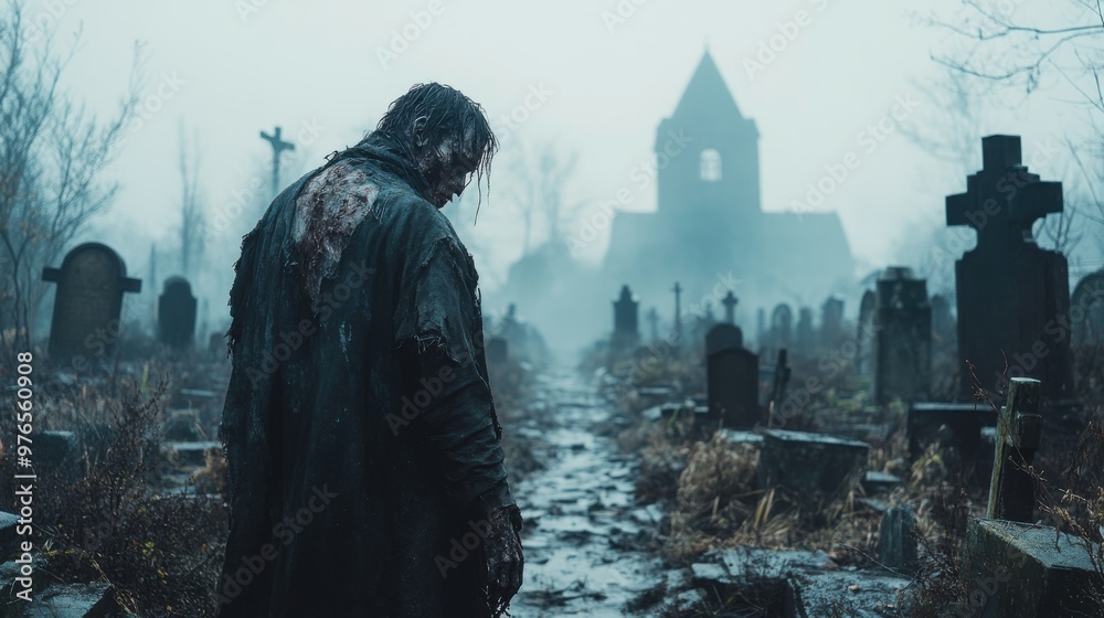 Creepy Zombie Wandering in Abandoned Graveyard with Decaying Skin and ...