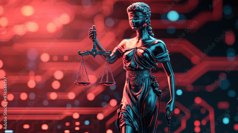 image depicts striking representation of Lady Justice, symbolizing ...
