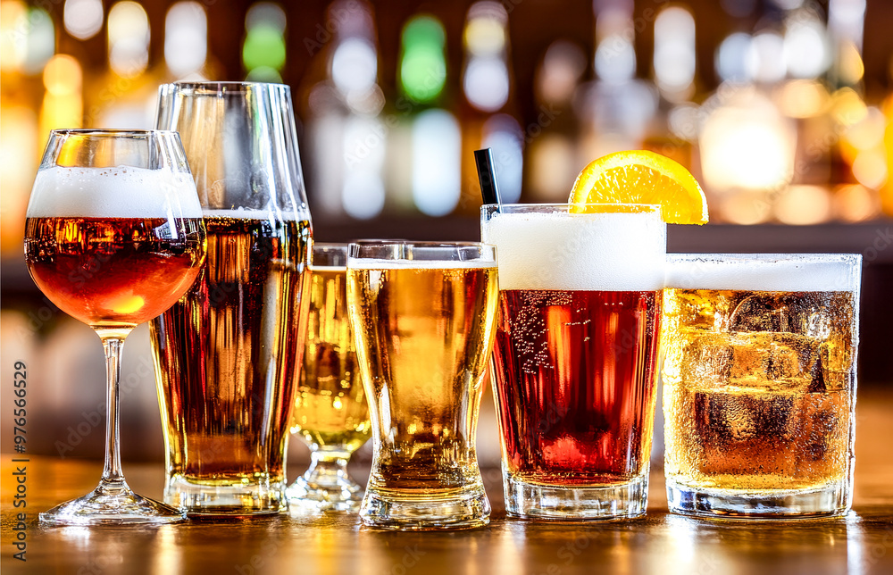 Bar Counter Cheers: A vibrant assortment of alcoholic beverages lined ...