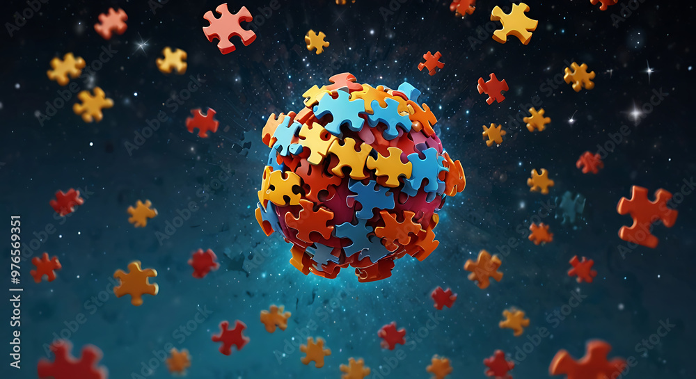 3D illustration of a giant hand made of interconnected puzzle pieces ...