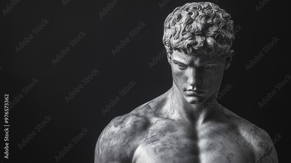 Roman marble statue of a 21-year-old teen young man, focused, angry ...