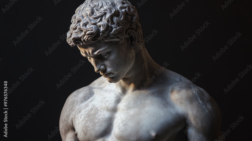 Roman marble statue of a 21-year-old teen young man, focused, angry ...