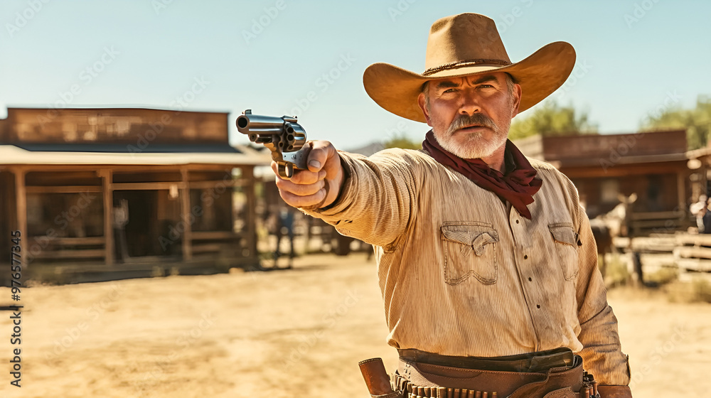 Western movie shot, front view of a cowboy ready to do a duel in middle ...
