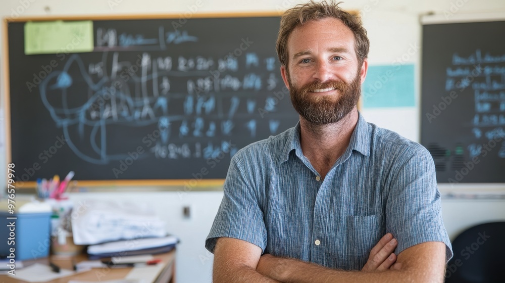 Happy male teacher with a beard standing with his arms crossed in front ...