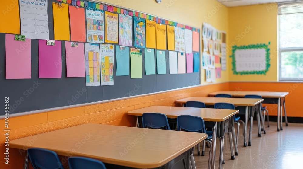 A classroom bulletin board filled with educational posters and student ...