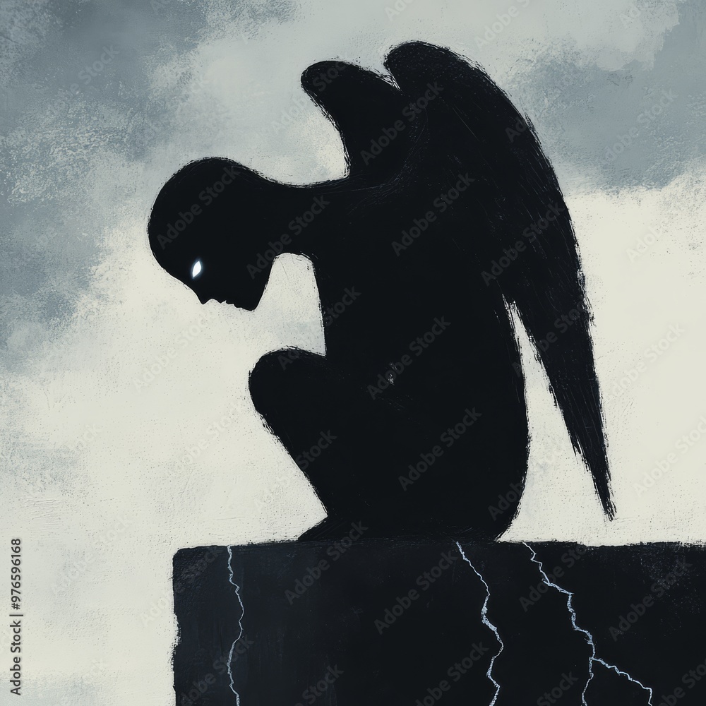A haunting image of a fallen angel with dark tattered wings kneeling on ...