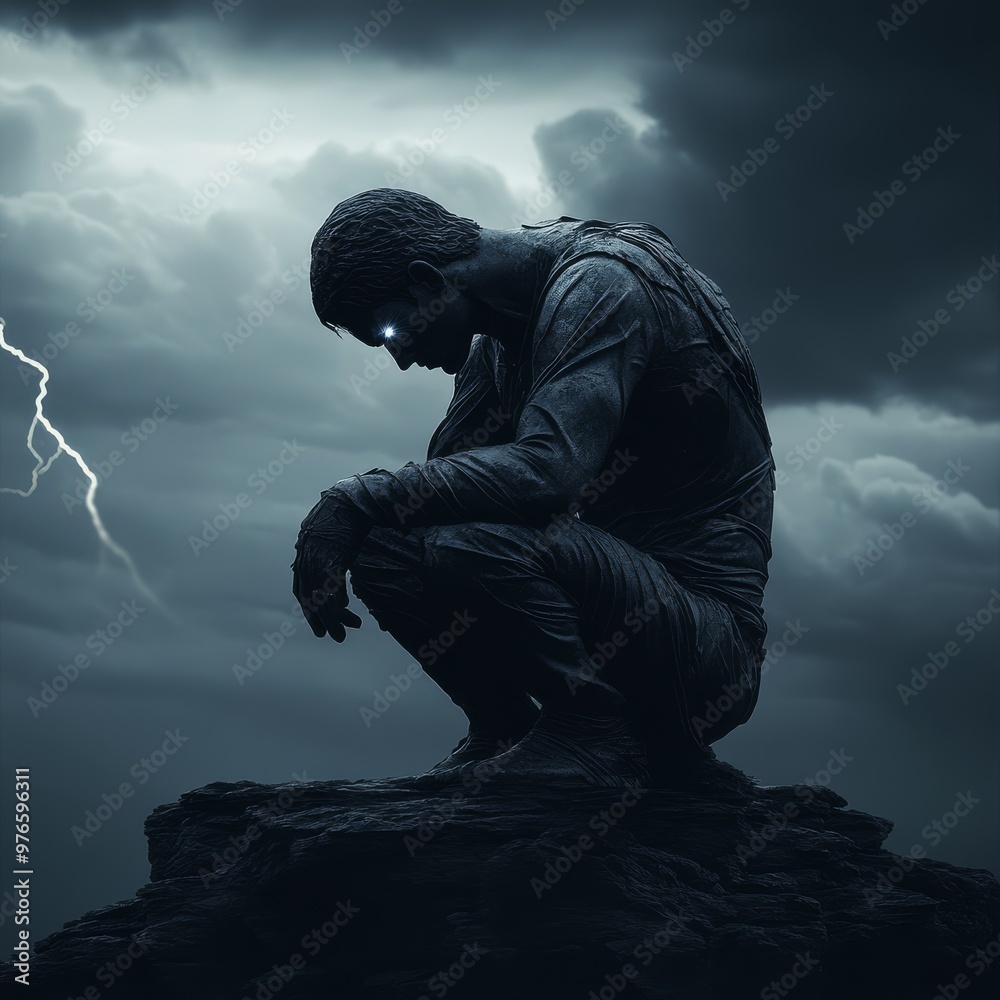 A haunting image of a fallen angel with dark tattered wings kneeling on ...