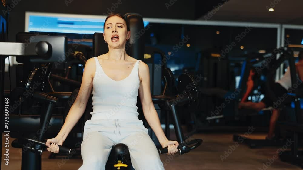 Slender athletic girl work out muscles of arms and shoulders on ...