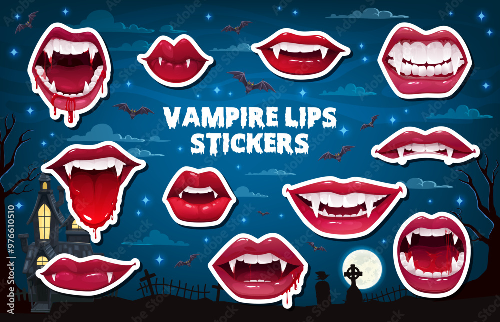 Stickers pack of Halloween vampire lips. Cartoon vector monster jaws ...