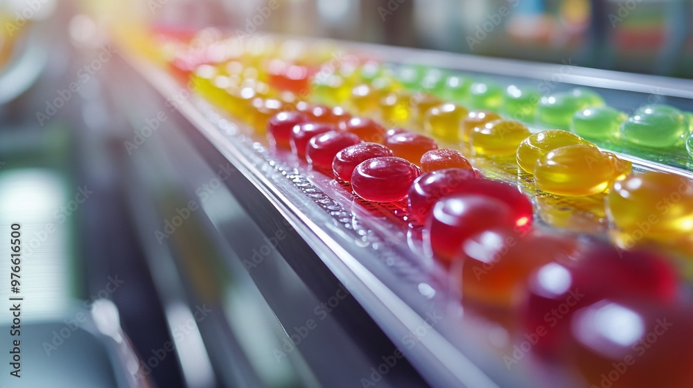 49. Selective focus image of jelly candies being processed on a factory ...