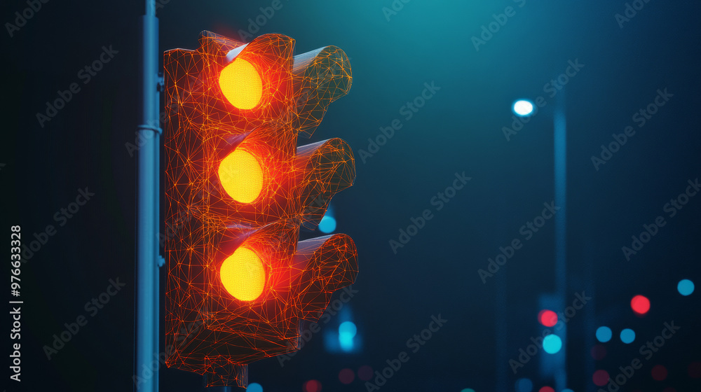 A low poly wireframe illustration of an orange traffic light. This 3D ...