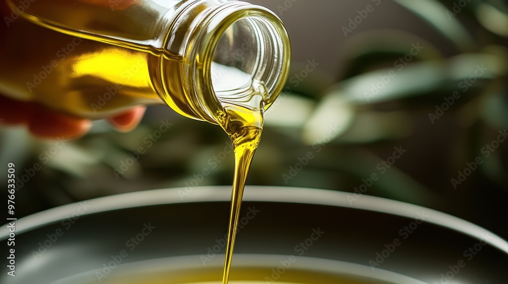 Hand tipping a bottle of olive oil, the golden liquid pouring out in a ...