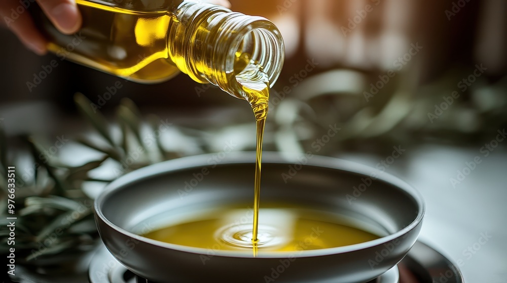 Hand tipping a bottle of olive oil, the golden liquid pouring out in a ...