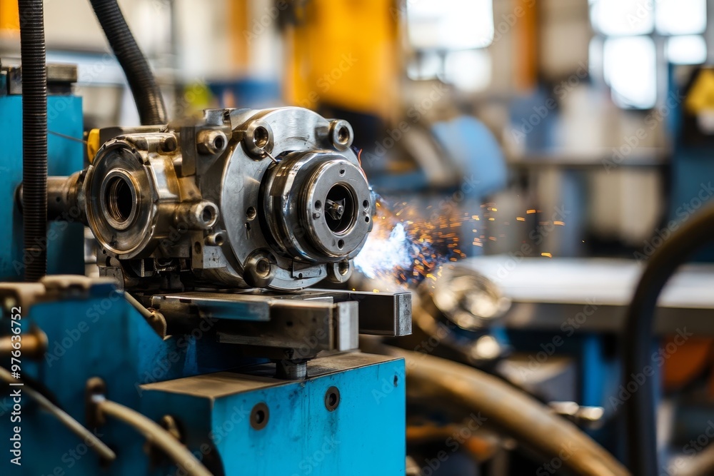 Industrial welding machine operating in a factory setting, sparks ...
